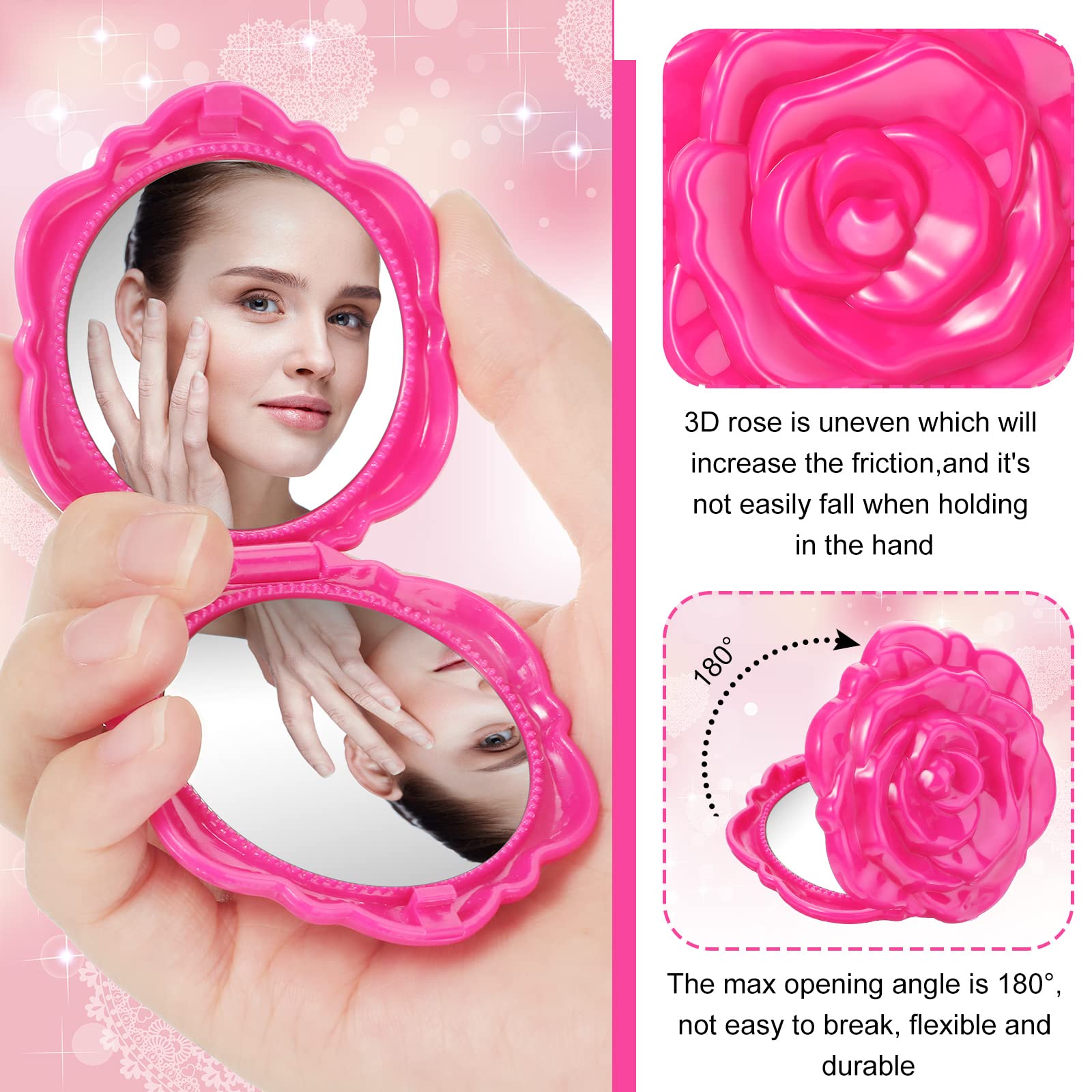 30 Pcs Compact Mirrors Bulk Pink Rose Bridal Wedding Shower Party Favors Flower Makeup Mirror Handheld Pocket Foldable Guest Women Bridesmaids Gifts Travel Breast Cancer Awareness Christmas Supplies