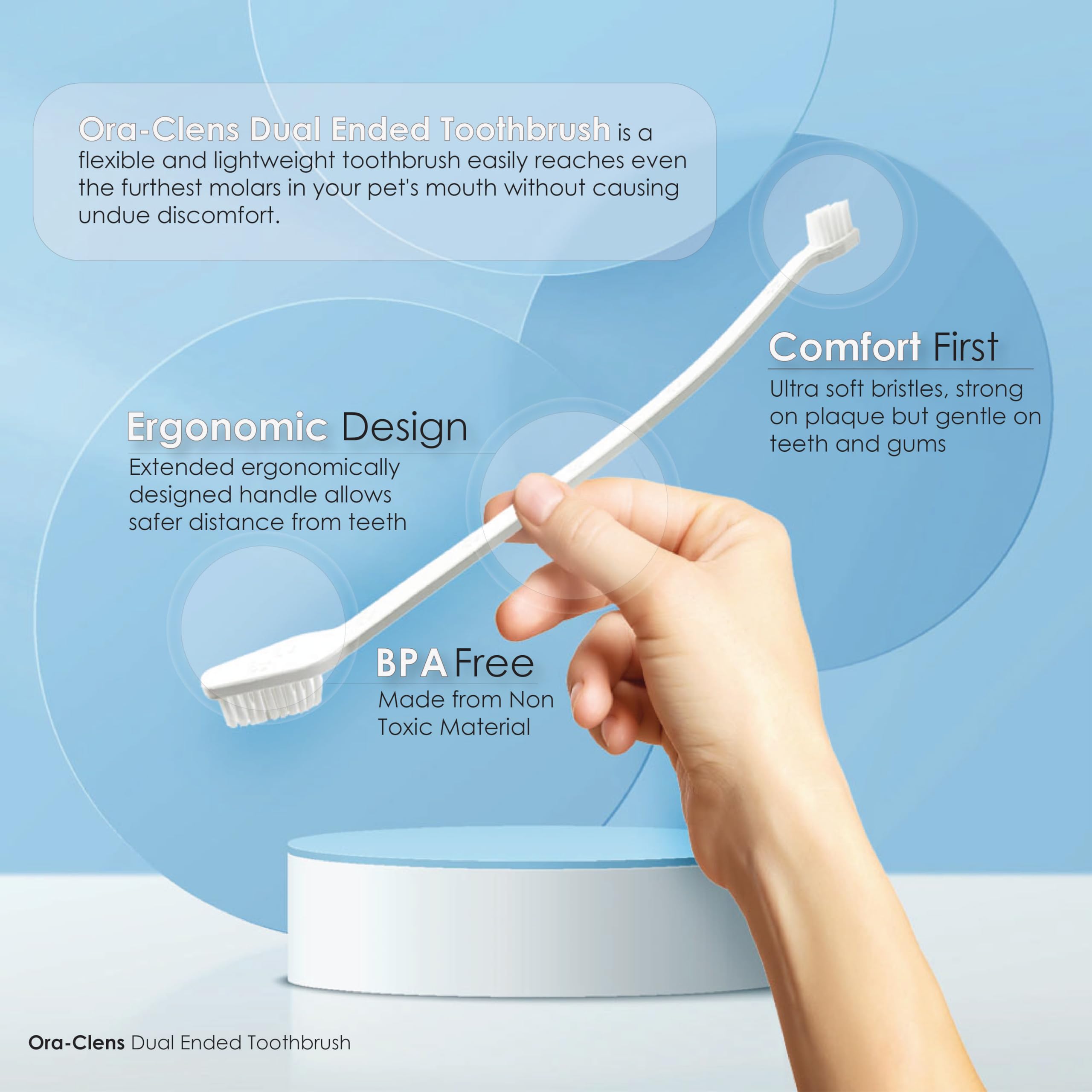 Ora-Clens Dual Ended Toothbrush- Ergonomic Angled Design, Long Flexible Neck, Lightweight, Comfortable, Helps Control Tartar, Plaque & Bad Breath for Dogs and Cats.