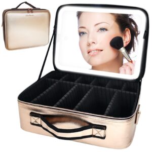 jula vance travel makeup case with removable large mirror and lights 3 color adjustable brightness dividers with shoulder strap rechargeable,waterproof,for travel or business, large