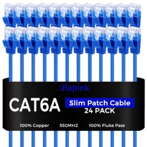 rapink patch cables cat6a 1ft (24 pack) slim, cat6a ethernet patch cable 10g support, snagless cat 6 patch cable for patch panel to switch, flexiable cat 6a ethernet cable with gold plated