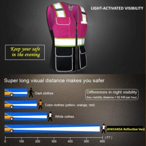 JKWEARSA Safety Vest For Women,High Visibility Reflective Work Vest With Multi Pockets And Zipper,Pink and Black,Medium