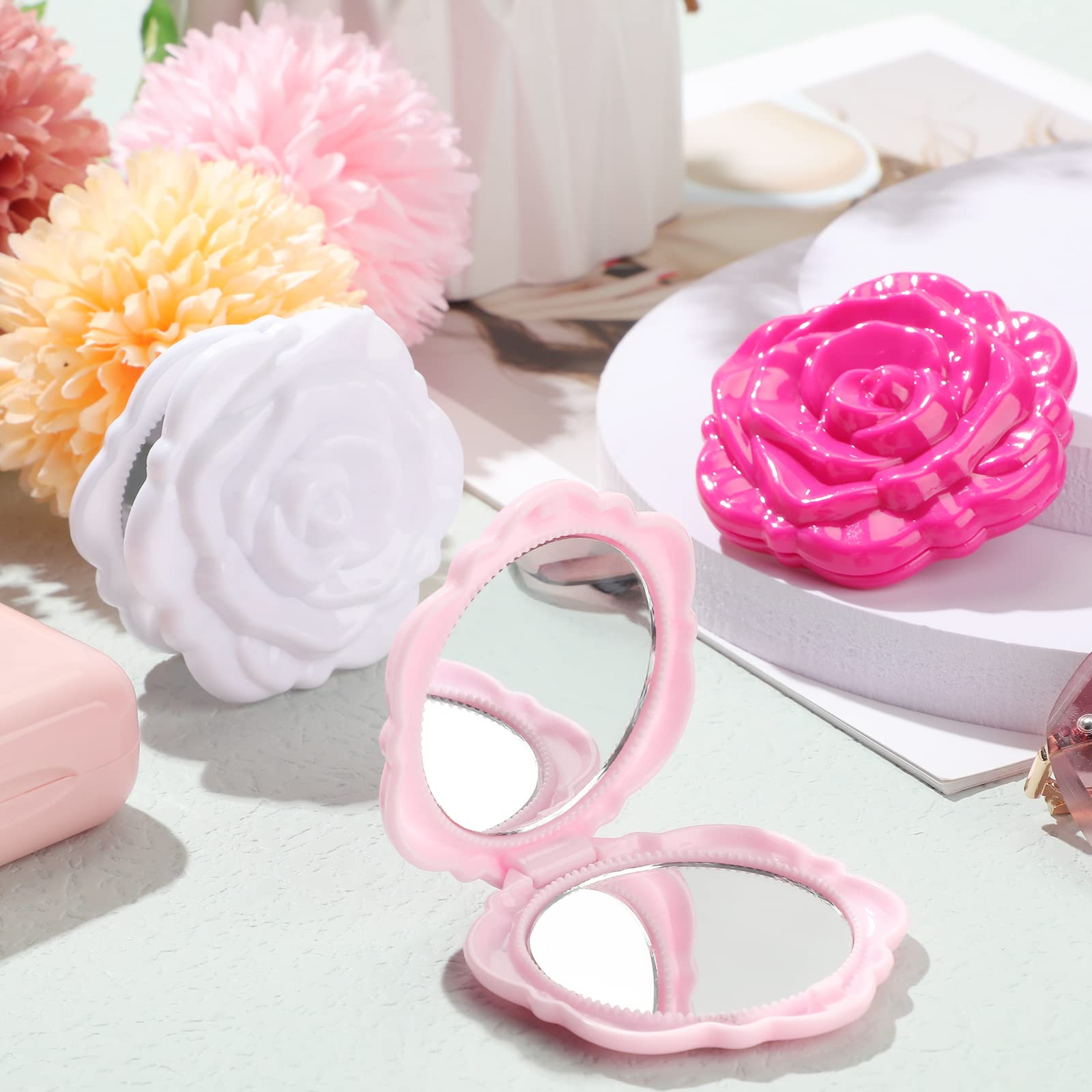 30 Pcs Compact Mirrors Bulk Pink Rose Bridal Wedding Shower Party Favors Flower Makeup Mirror Handheld Pocket Foldable Guest Women Bridesmaids Gifts Travel Breast Cancer Awareness Christmas Supplies