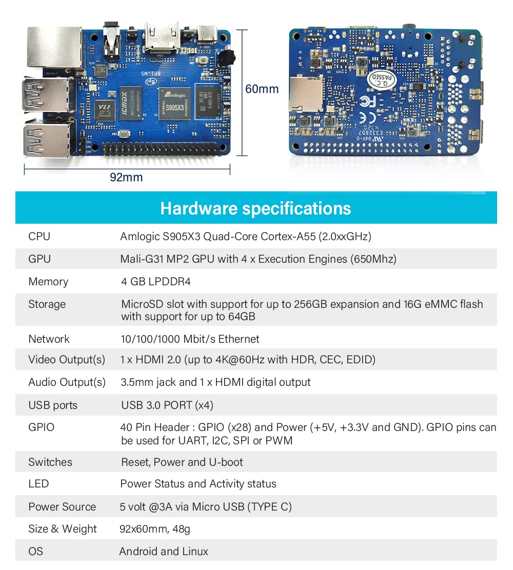 Banana Pi BPI-M5 Amlogic S905X3 Single Board Computer with LPDDR4 4GB RAM and 16GB eMMC Storage for AIOT Support Android Debian Raspbian Armbian