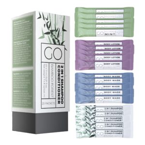 go essentials travel 2 in 1 shampoo/conditioner 20 unit box variety pack (5 of each - shampoo/conditioner, lotion, mouthwash and body wash)