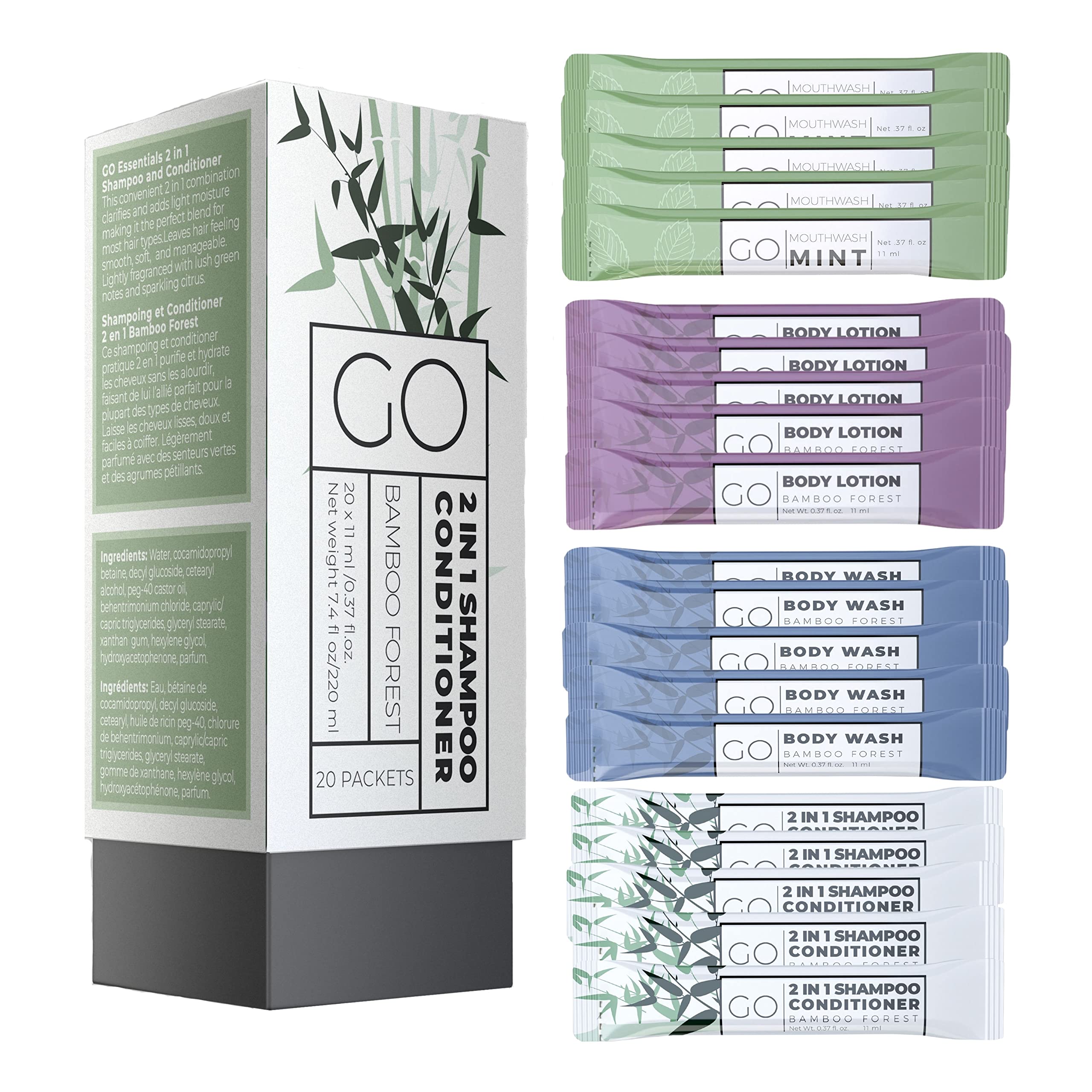 Go Essentials Travel 2 in 1 Shampoo/Conditioner 20 Unit Box Variety Pack (5 of each - shampoo/conditioner, lotion, mouthwash and body wash)