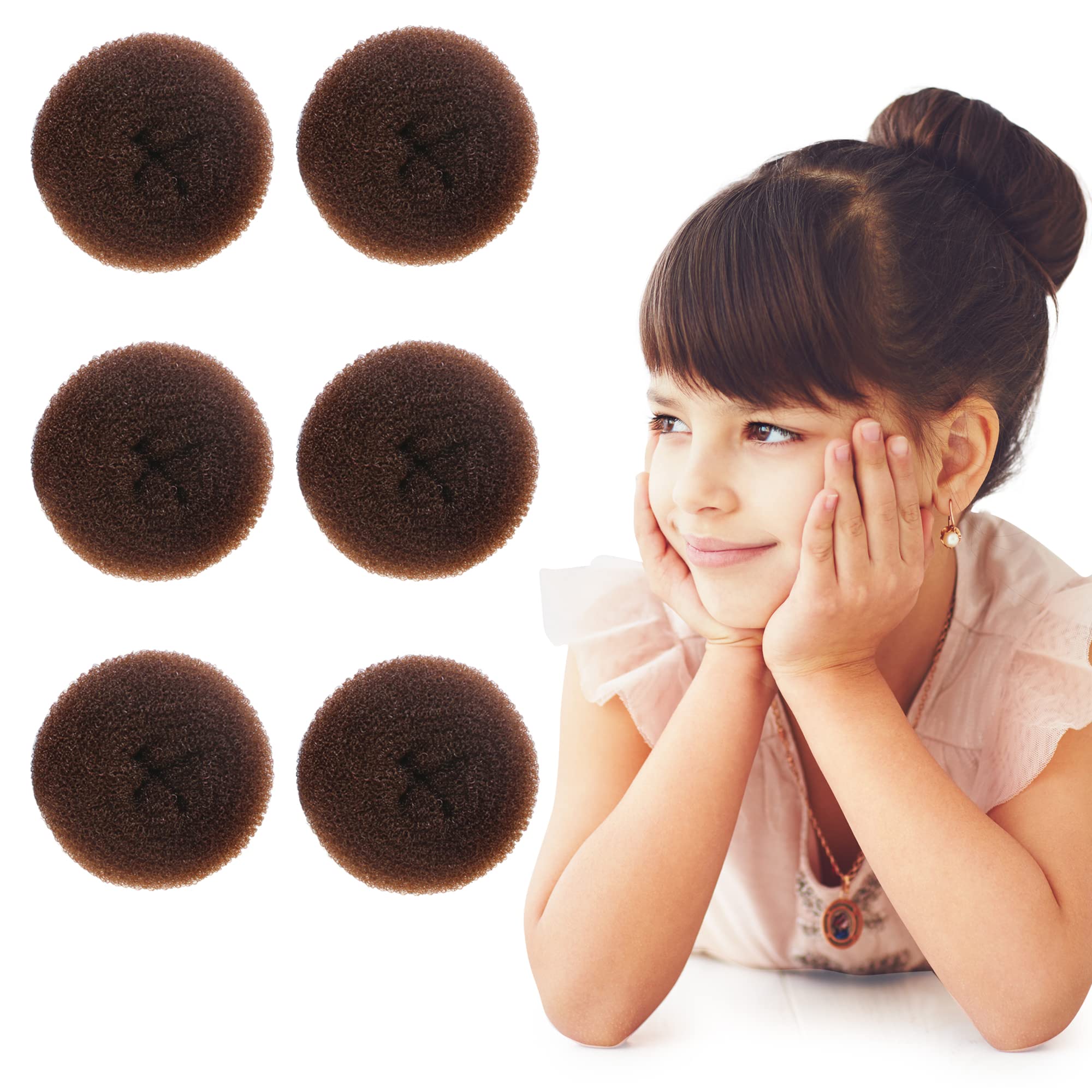 Styla Hair Small Donut Bun Maker for Kids Hair Buns - Easy Ballet and Sock Buns (6pc Brown 2 Inch Size)