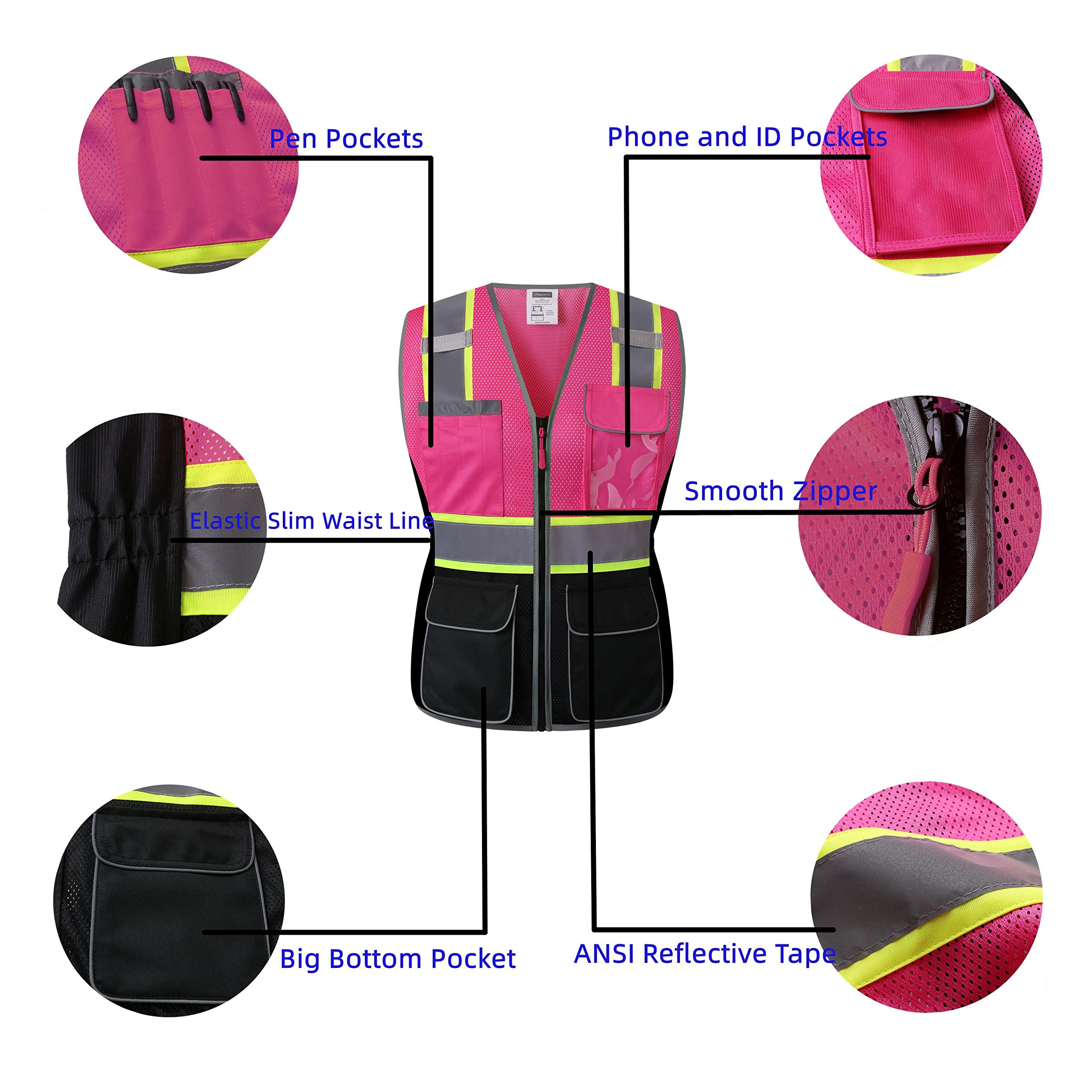 JKWEARSA Safety Vest For Women,High Visibility Reflective Work Vest With Multi Pockets And Zipper,Pink and Black,Medium