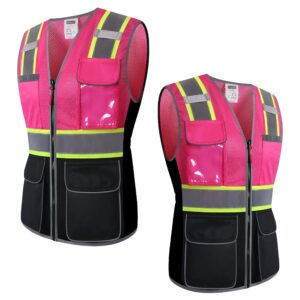 JKWEARSA Safety Vest For Women,High Visibility Reflective Work Vest With Multi Pockets And Zipper,Pink and Black,Medium