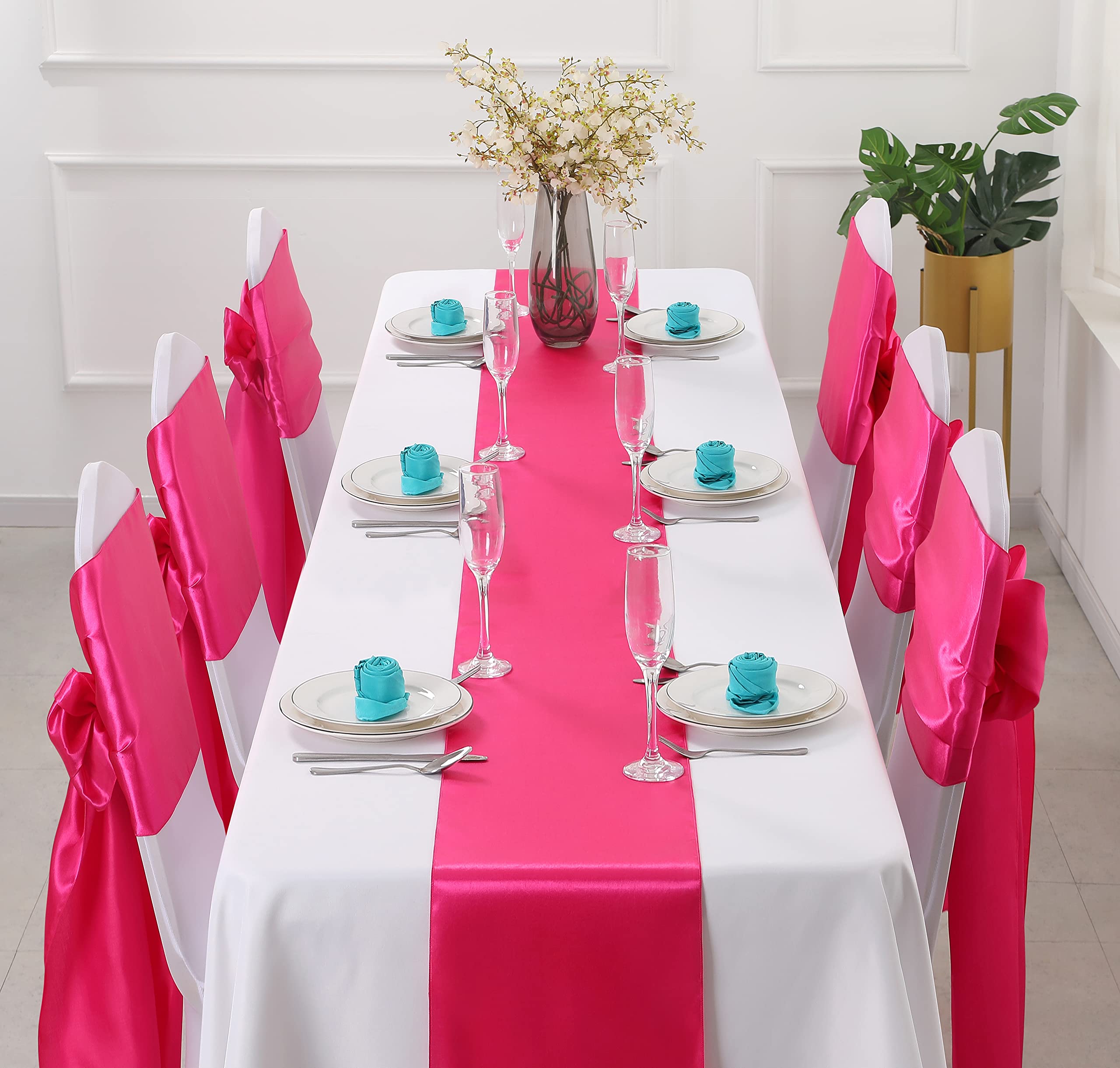 Horbaunal 2 Pack Hot Pink Satin Table Runner 12 x 108 Inch, Smooth Table Runners for Wedding Banquets Birthday Party