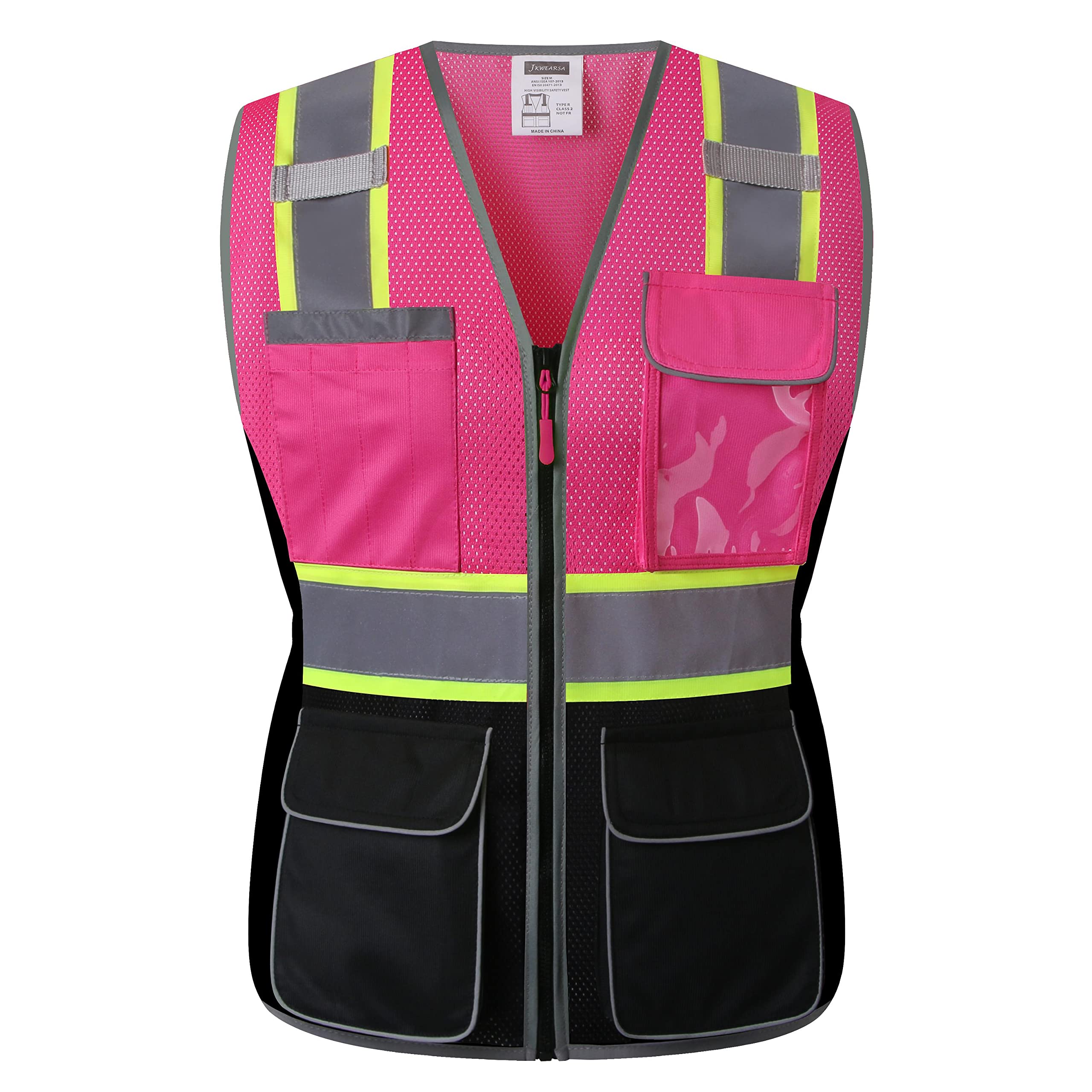 JKWEARSA Safety Vest For Women,High Visibility Reflective Work Vest With Multi Pockets And Zipper,Pink and Black,Medium