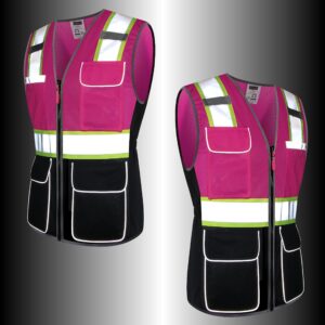 JKWEARSA Safety Vest For Women,High Visibility Reflective Work Vest With Multi Pockets And Zipper,Pink and Black,Medium