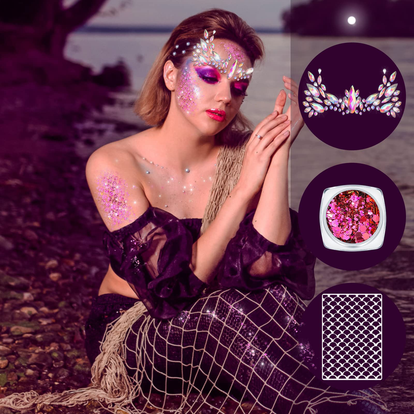 Halloween Mermaid Costume for Women Make up Kit 4 Pcs Mermaid Face Gems with 8 Bottles Holographic Glitter 3 Pcs Mermaid Scales Stencil Rhinestone Face Stickers for Carnival Party (Glitter Style)