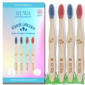 rewa kids kawaii unicorn l children bamboo toothbrushes l organic compostable natural ayurvedic l pack-4 l soft bristles bpa free pink (sassy) & blue (shiny).