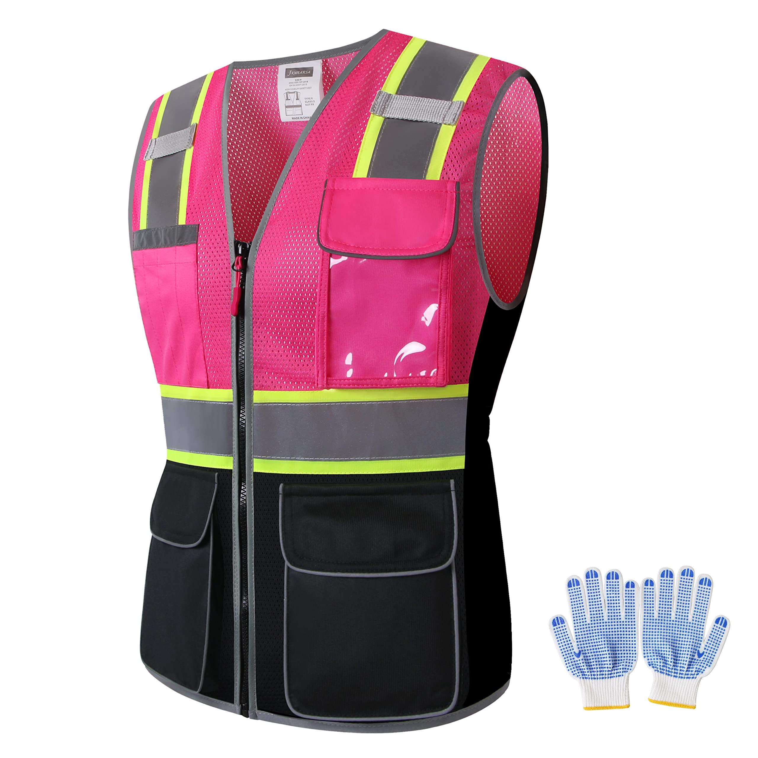 JKWEARSA Safety Vest For Women,High Visibility Reflective Work Vest With Multi Pockets And Zipper,Pink and Black,Medium