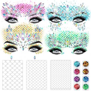 halloween mermaid costume for women make up kit 4 pcs mermaid face gems with 8 bottles holographic glitter 3 pcs mermaid scales stencil rhinestone face stickers for carnival party (glitter style)