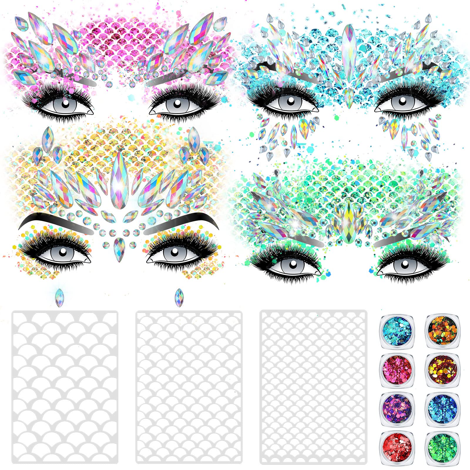 Halloween Mermaid Costume for Women Make up Kit 4 Pcs Mermaid Face Gems with 8 Bottles Holographic Glitter 3 Pcs Mermaid Scales Stencil Rhinestone Face Stickers for Carnival Party (Glitter Style)