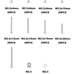 MCMASKE 310PCS Metric M2.5 304 Stainless Steel Button Head Socket Cap Screws Hex Nuts Flat Washers Assortment Kit