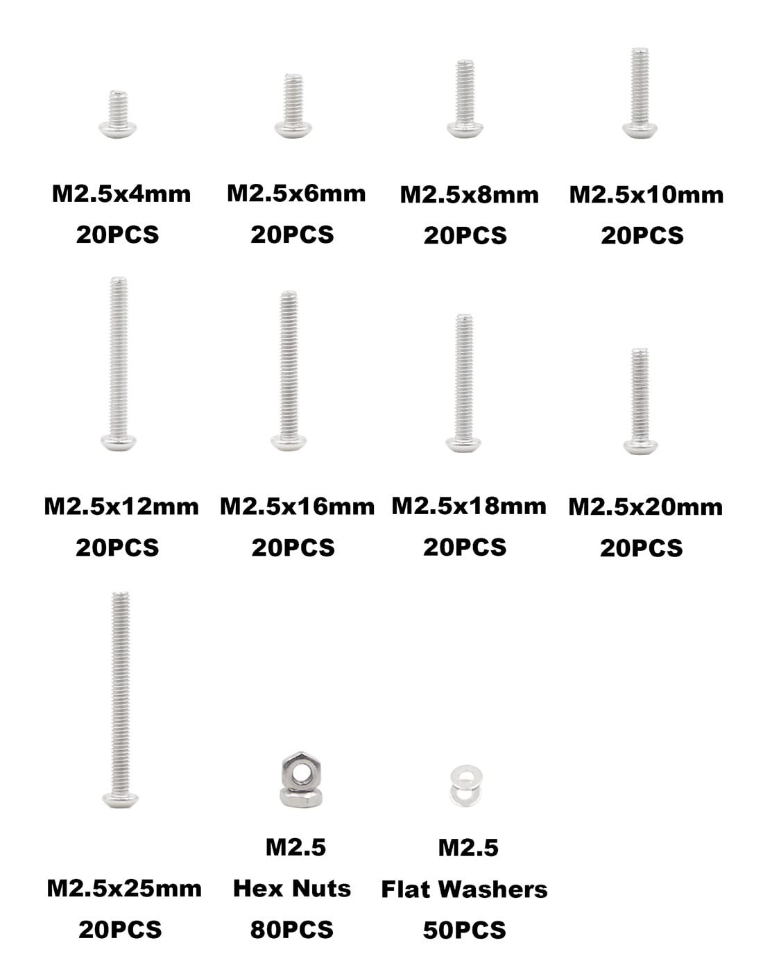 MCMASKE 310PCS Metric M2.5 304 Stainless Steel Button Head Socket Cap Screws Hex Nuts Flat Washers Assortment Kit