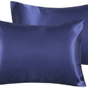 Luxury 2 Pack Zippered Satin Pillowcaes, Luxury and Silky Soft Travel Zip Pillow Cases (Standard, Navy)