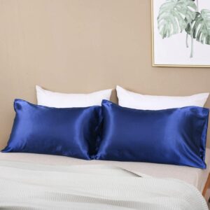 Luxury 2 Pack Zippered Satin Pillowcaes, Luxury and Silky Soft Travel Zip Pillow Cases (Standard, Navy)