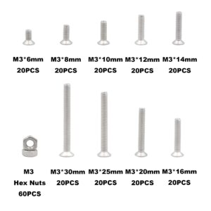 MCMASKE 240PCS M3 Stainless Steel Phillips Flat Head Machine Screws Hex Nuts Assortment Kit