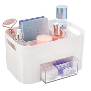 stori bliss white makeup organizer for countertop, divided bathroom organizer & storage drawer, makeup brush holder, cosmetic & nail polish organizer, made in usa