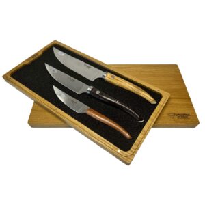 laguiole en aubrac cuisine gourmet stainless steel fully forged 3-piece starter premium kitchen knife set with mixed wood handles, made in france