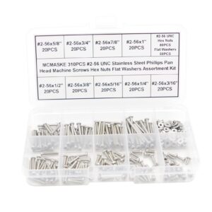 mcmaske 310pcs #2-56 unc stainless steel phillips pan head machine screws hex nuts flat washers assortment kit