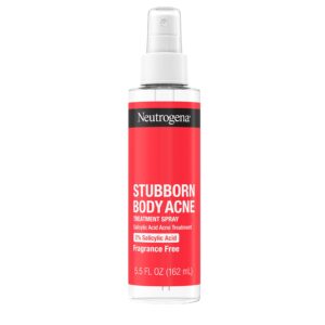 neutrogena stubborn body acne spray with salicylic acid, fragrance-free spray acne treatment to clear & help prevent acne, ideal for chest & back breakouts, 2% salicylic acid, 5.5 fl. oz