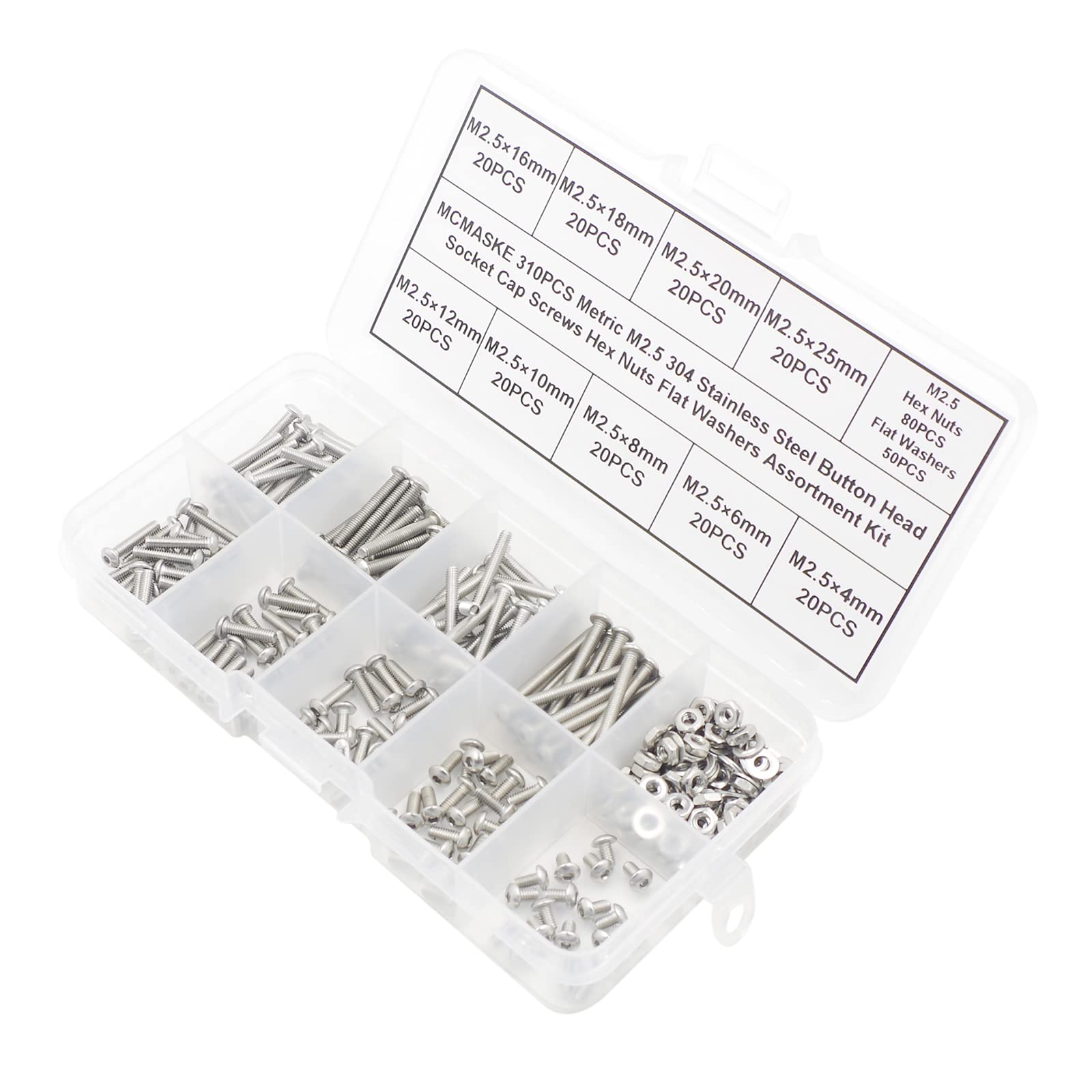 MCMASKE 310PCS Metric M2.5 304 Stainless Steel Button Head Socket Cap Screws Hex Nuts Flat Washers Assortment Kit