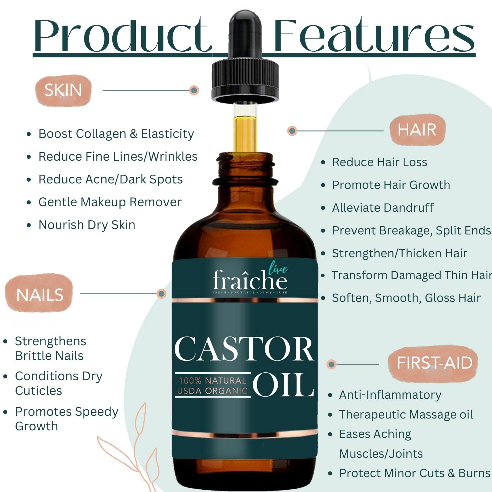 Organic Castor Oil (4oz) + Filled Mascara Tube, 100% USDA Pure, Cold Pressed, Hexane Free Lash Serum by Live Fraiche - Hair Growth Oil for Eyelashes, Eyebrows, Hair - Brow and Hair Treatment Oil