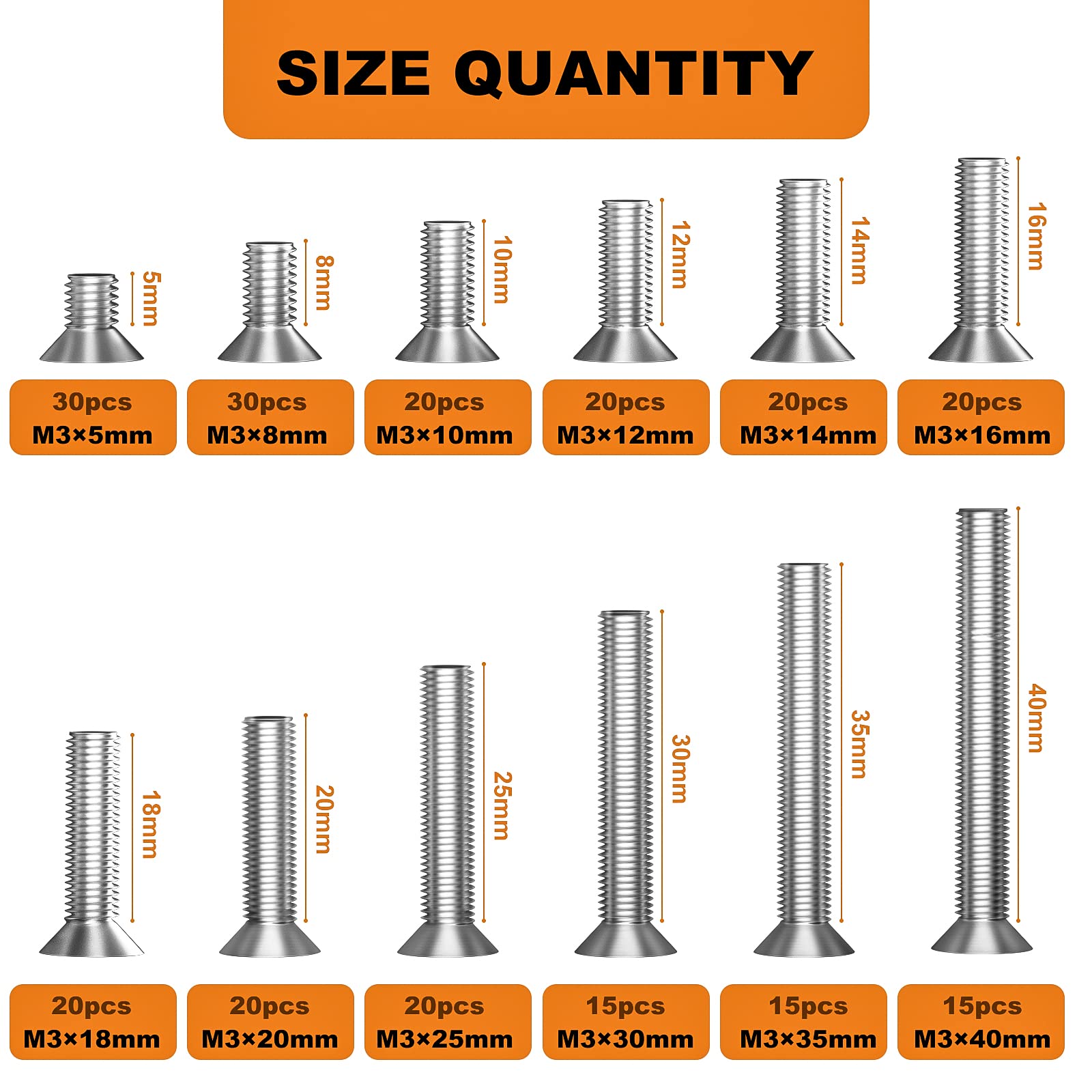 Zmbroll M3 Phillips Flat Head Machine Screws,304 Stainless Steel Countersunk Fasteners Bolts Assortment Kit M3 x 5mm/8mm/10mm/12mm/14mm/16mm/18mm/20mm/25mm/30mm/35mm/40mm