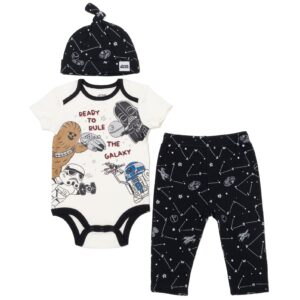 star wars darth vader chewbacca newborn baby boys 3 piece outfit set: cuddly bodysuit pants hat white/black 0-3 months