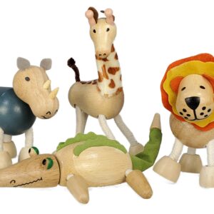 TEKOR Bendable Safari Wooden Animals (Set of 4) | Early Learning Montessori Toy for Toddlers & Kids. Includes a Lion, Alligator, Rhino, Giraffe. Smooth Wood, Bendable Legs, Child Friendly.