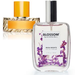 blossom unisex eau de parfum, cruelty free & vegan fragrance, plant-based perfume spray with real flowers, made in usa, 1.7oz, (black lotus, jasmine, vanilla, mango, spiced blackberry), ibiza nights