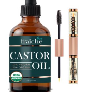 organic castor oil (4oz) + filled mascara tube, 100% usda pure, cold pressed, hexane free lash serum by live fraiche - hair growth oil for eyelashes, eyebrows, hair - brow and hair treatment oil