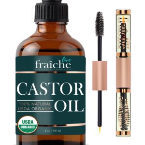 Organic Castor Oil (4oz) + Filled Mascara Tube, 100% USDA Pure, Cold Pressed, Hexane Free Lash Serum by Live Fraiche - Hair Growth Oil for Eyelashes, Eyebrows, Hair - Brow and Hair Treatment Oil