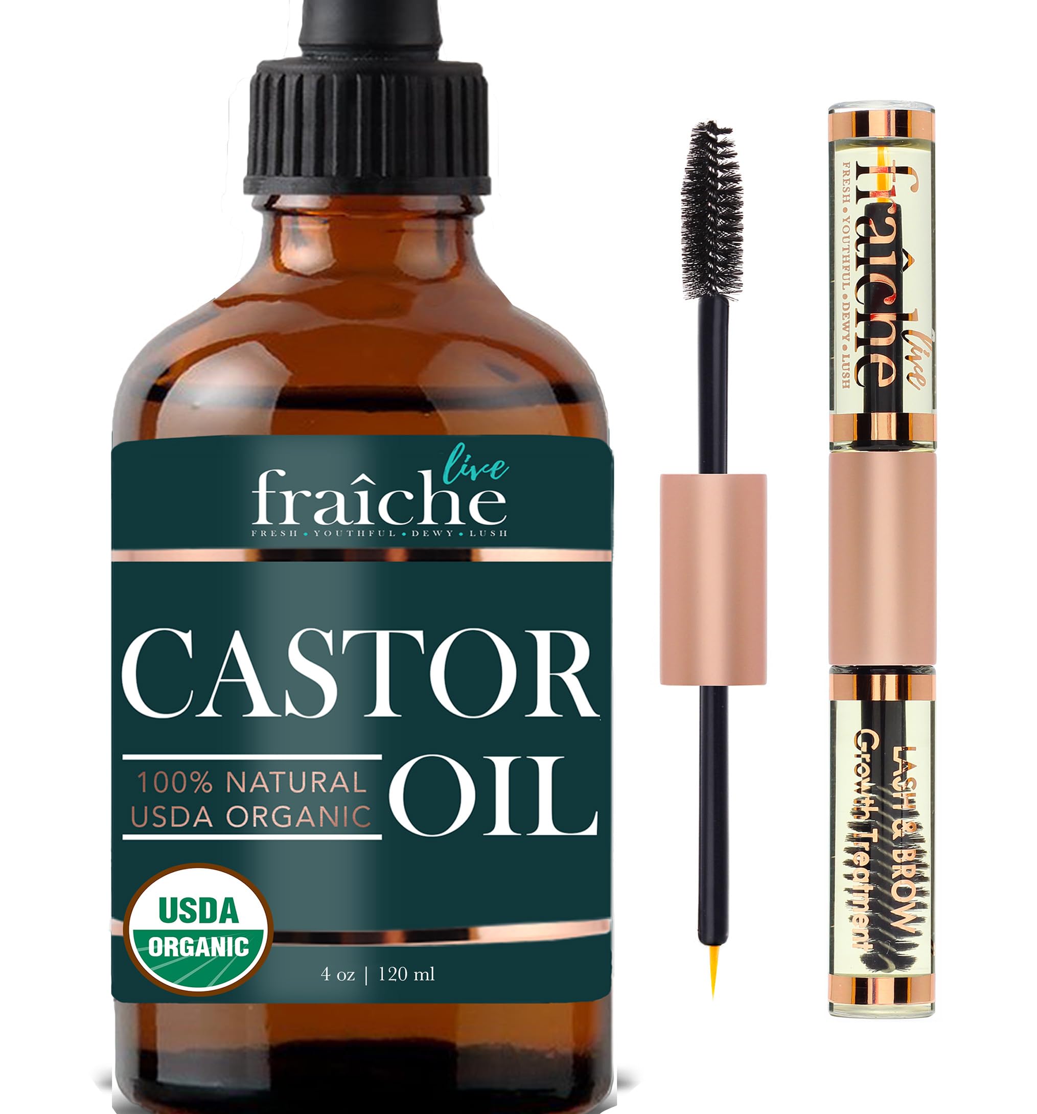 Organic Castor Oil (4oz) + Filled Mascara Tube, 100% USDA Pure, Cold Pressed, Hexane Free Lash Serum by Live Fraiche - Hair Growth Oil for Eyelashes, Eyebrows, Hair - Brow and Hair Treatment Oil