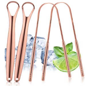 hlflyg 4 pack tongue scrapers, hygienic seal-pack, professional eliminate bad breath, metal tongue brush,effectively improve oral and gut health - rose gold