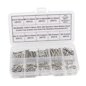 mcmaske 310pcs metric m2.5 304 stainless steel button head socket cap screws hex nuts flat washers assortment kit