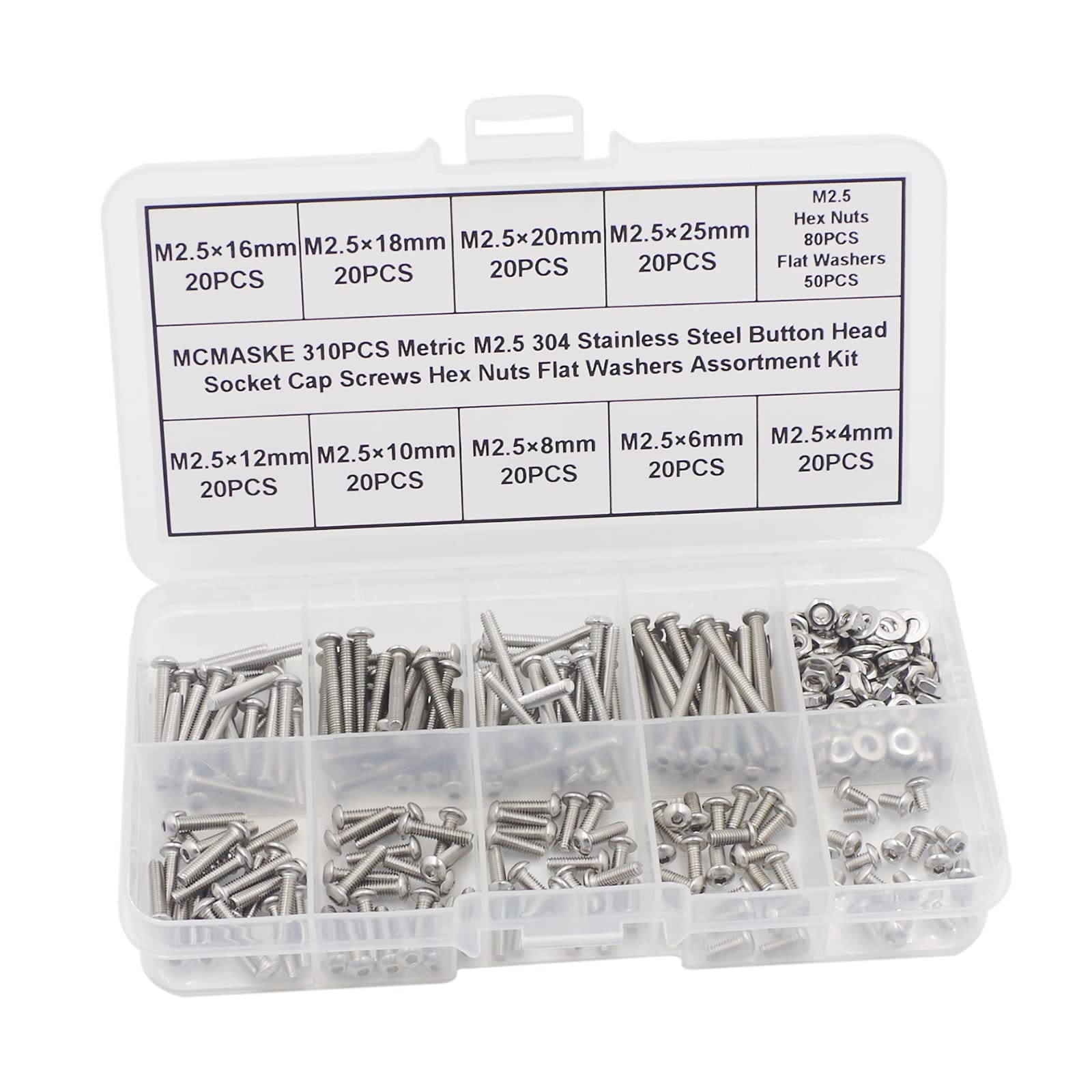 MCMASKE 310PCS Metric M2.5 304 Stainless Steel Button Head Socket Cap Screws Hex Nuts Flat Washers Assortment Kit