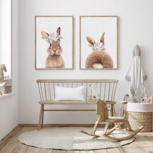 joocrise bunny rabbit wall art baby girl nursery wall art unframed, nursery canvas prints bunny pictures for nursery room decor nursery artwork baby woodland animal pictures 16x24 inch, set of 2