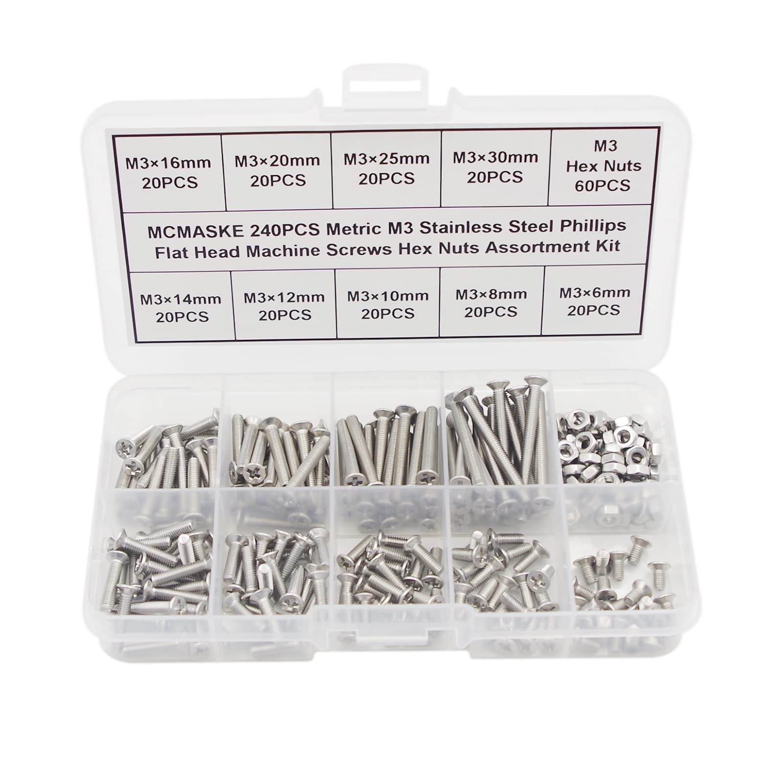 MCMASKE 240PCS M3 Stainless Steel Phillips Flat Head Machine Screws Hex Nuts Assortment Kit