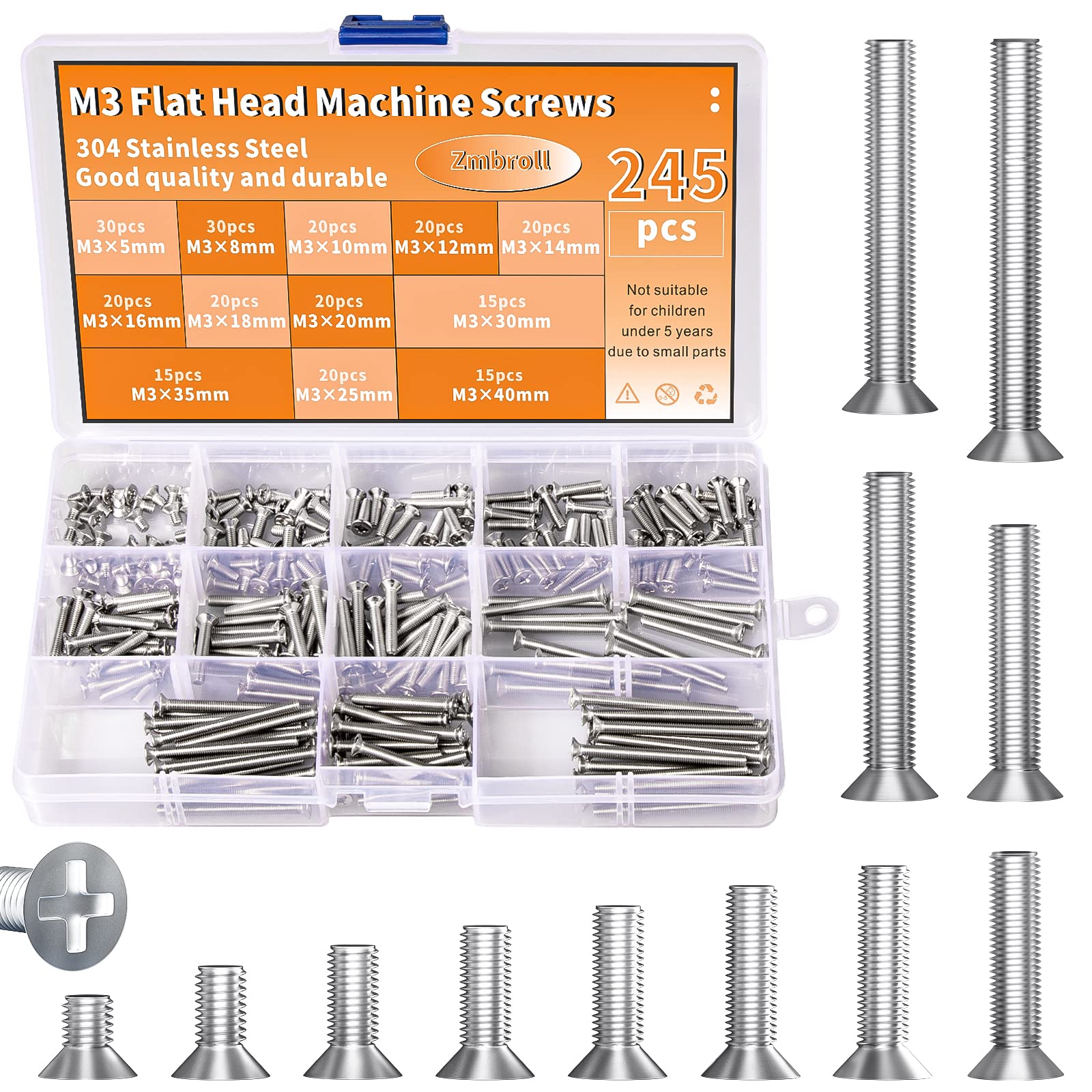 Zmbroll M3 Phillips Flat Head Machine Screws,304 Stainless Steel Countersunk Fasteners Bolts Assortment Kit M3 x 5mm/8mm/10mm/12mm/14mm/16mm/18mm/20mm/25mm/30mm/35mm/40mm