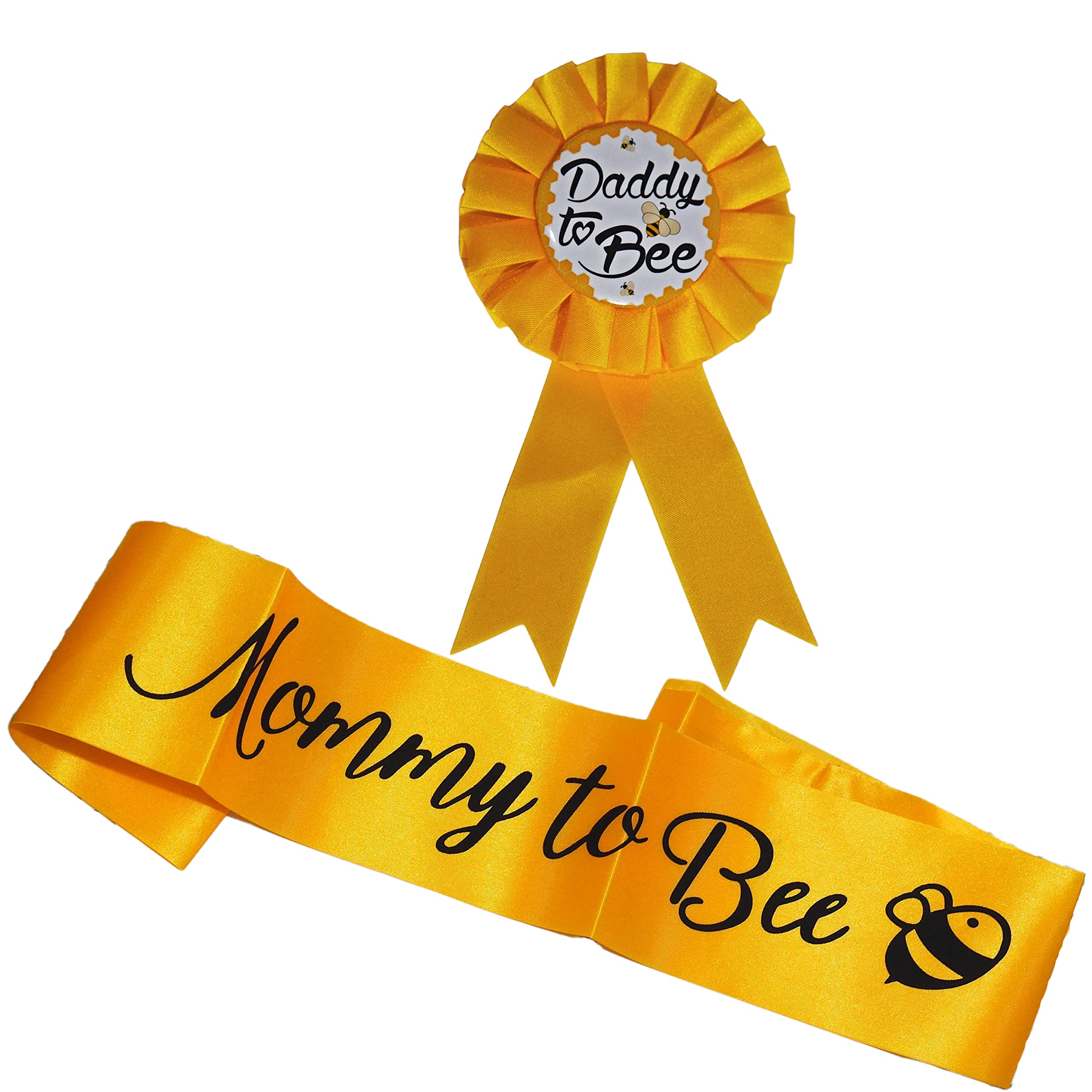 2 Packs Baby Shower Decorations Yellow Mommy to Bee Sash and Daddy to Bee Pin Tinplate Badge with Bee Pattern for Baby Welcome Party