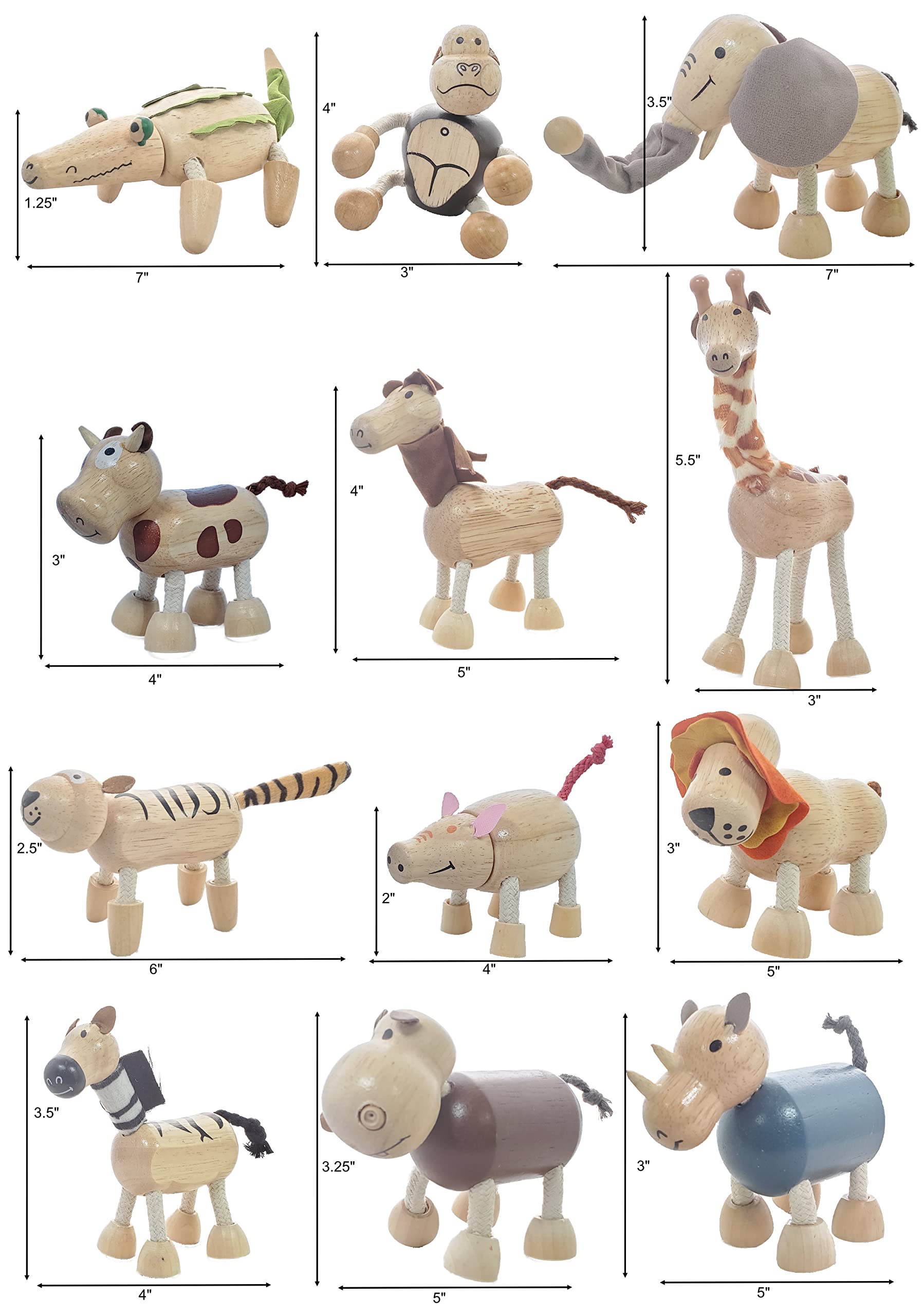 TEKOR Bendable Safari Wooden Animals (Set of 4) | Early Learning Montessori Toy for Toddlers & Kids. Includes a Lion, Alligator, Rhino, Giraffe. Smooth Wood, Bendable Legs, Child Friendly.