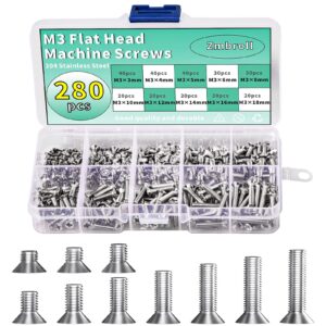 zmbroll m3 flat head machine screws,304 stainless steel phillips countersunk fasteners bolts assortment kit m3 x 3mm / 4mm / 5mm / 6mm / 8mm / 10mm / 12mm / 14mm / 16mm/ 18mm