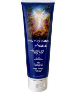 ten thousand angels shampoo body wash in one, sulfate, paraben and silicone free. for all types of hair. wonderful on sensitive skin two in one product. safe for color treated hair.