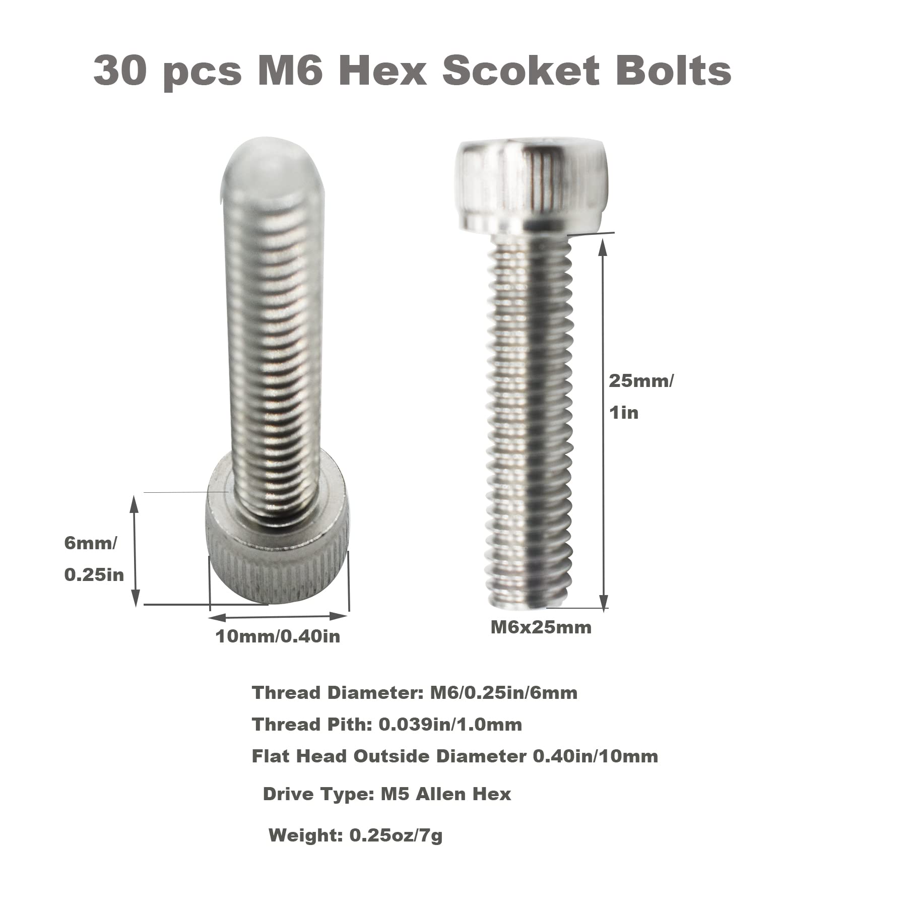 Floyutin 30 PCS M6x25mm 304 Stainless Steel Metric Hex Socket Bolt Cap Head Screws Bulks, Full Threaded