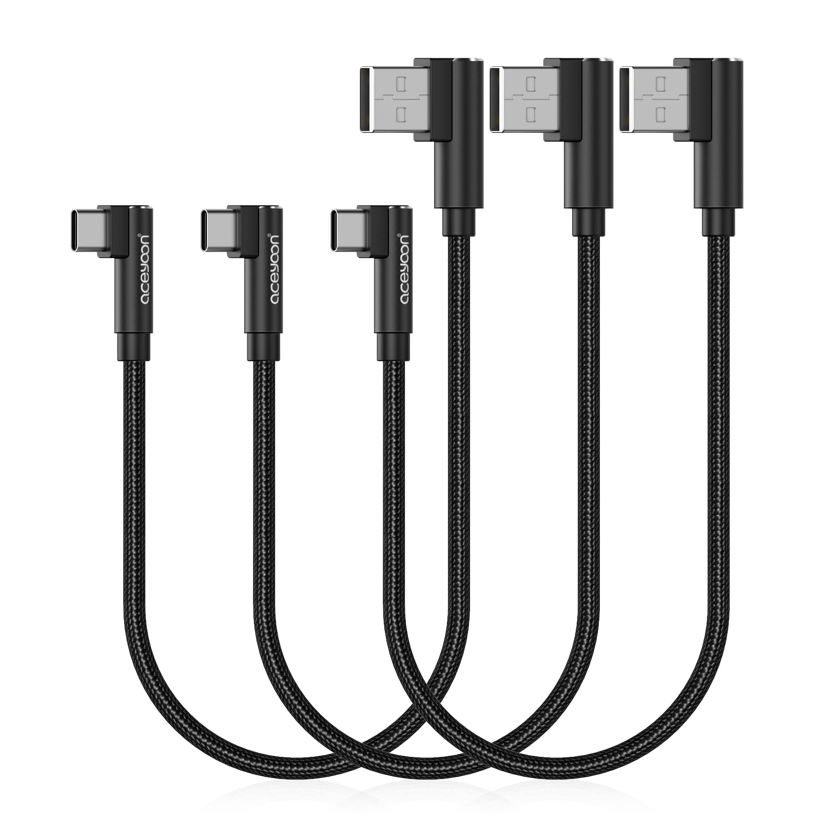 aceyoon [3 Pack Right Angle USB Type C Charger Cable, 0.6ft Braided 90 Degree Elbow Charger Dual L Shape USBC Cable for iPhone 15 Pro Max Plus, Samsung Galaxy S9 S10, Pixel 2 3 3XL, P30 P20 Mate20